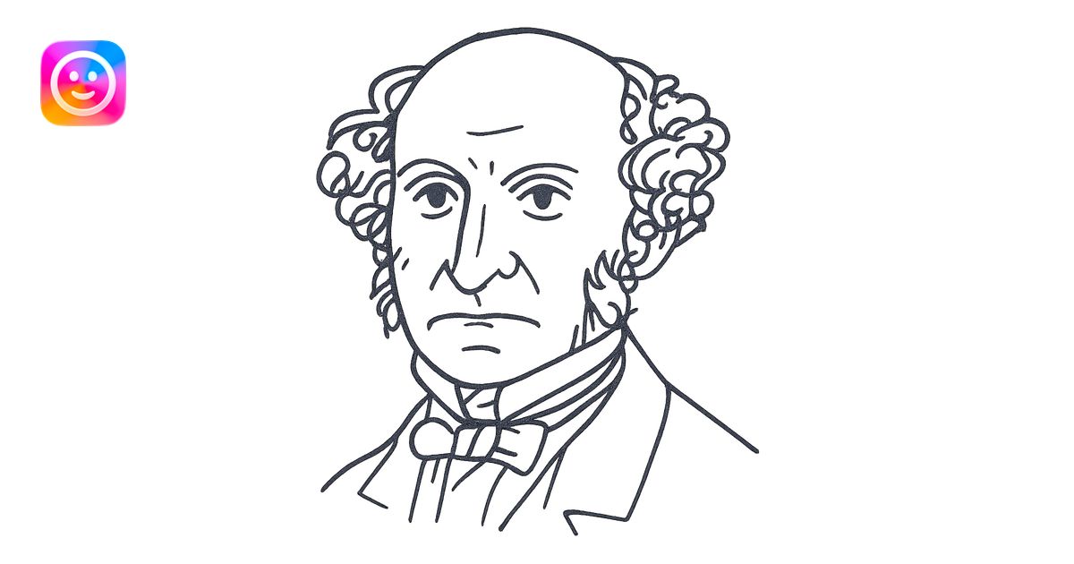 a hand drawn black outline portrait of philosopher John Stuart Mill ...