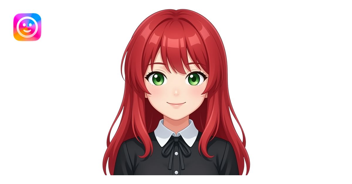 anime girl smirk side eye long red hair green eyes black blouse with ...