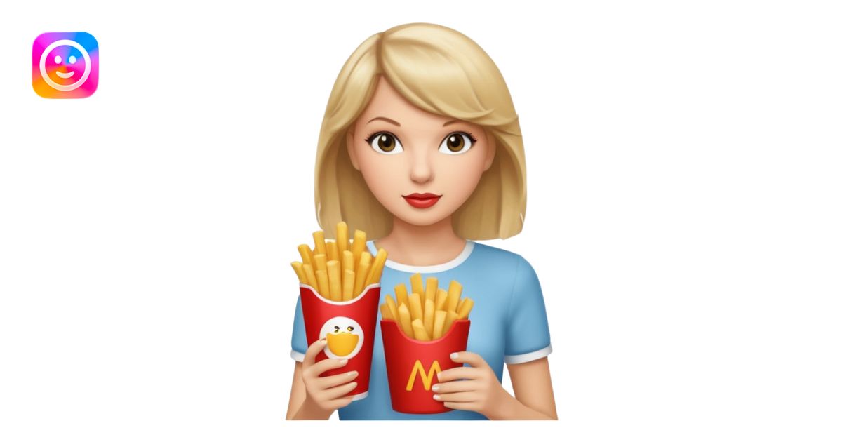 Taylor Swift holding a cup of fries emoji | AI Emoji Generator