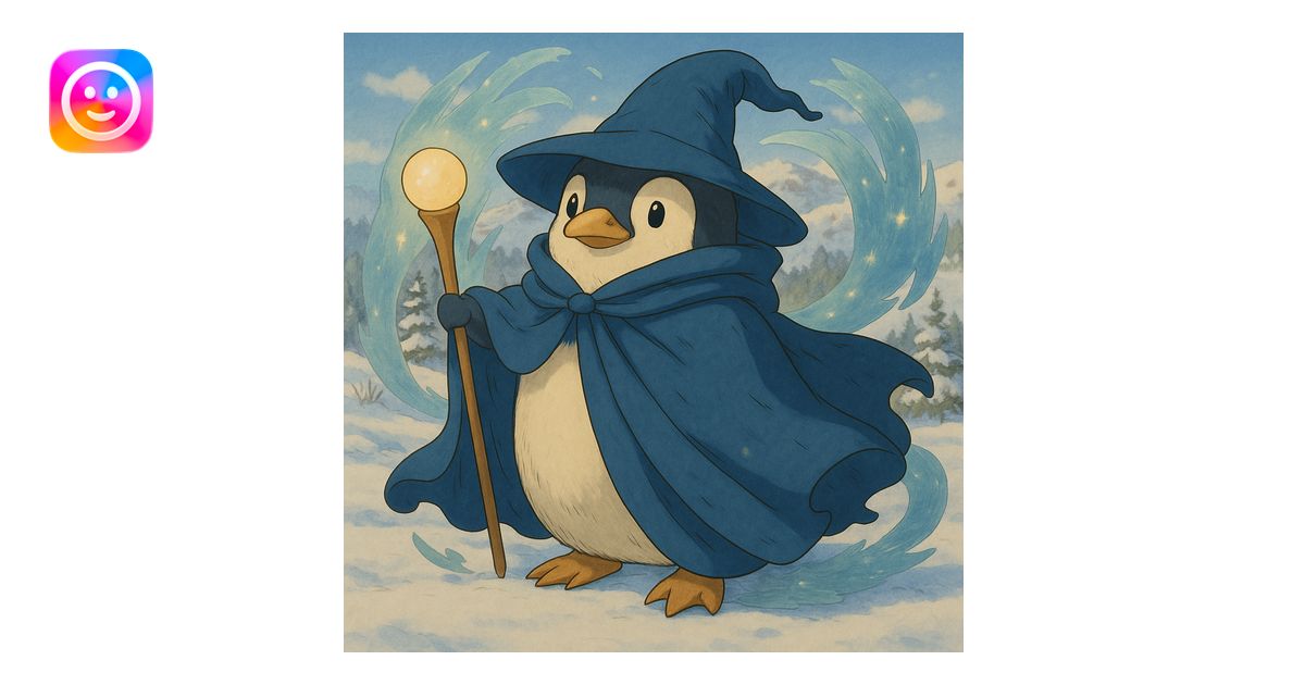 Add a snowy landscape background behind the ghibli style penguin wizard ...