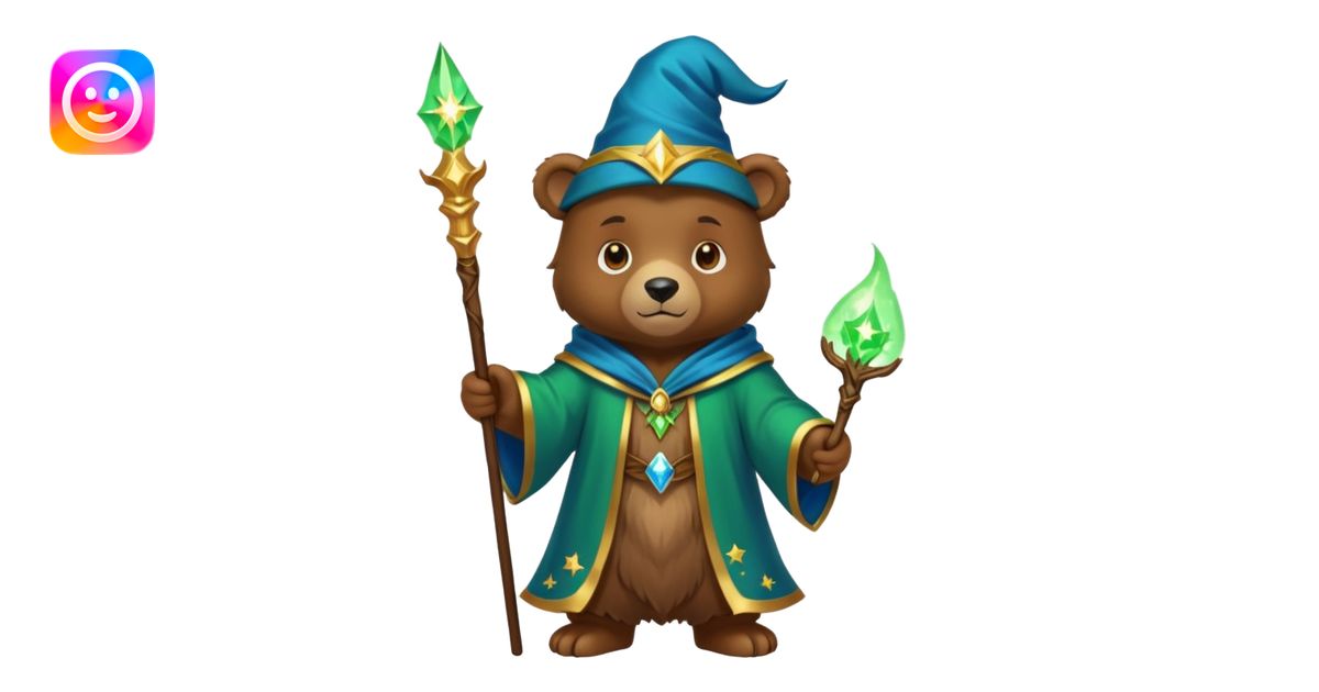 A young bear wizard with a glowing green spell, golden staff and starry ...