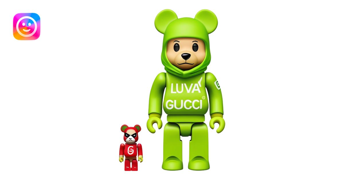 bearbrick with cube head in a lime green balaclava heavily tagged with ...