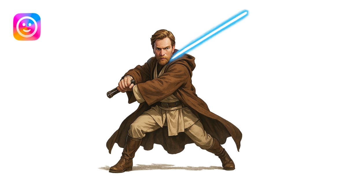 Obi-Wan Kenobi, action pose, brown robe, blue lightsaber, determined ...