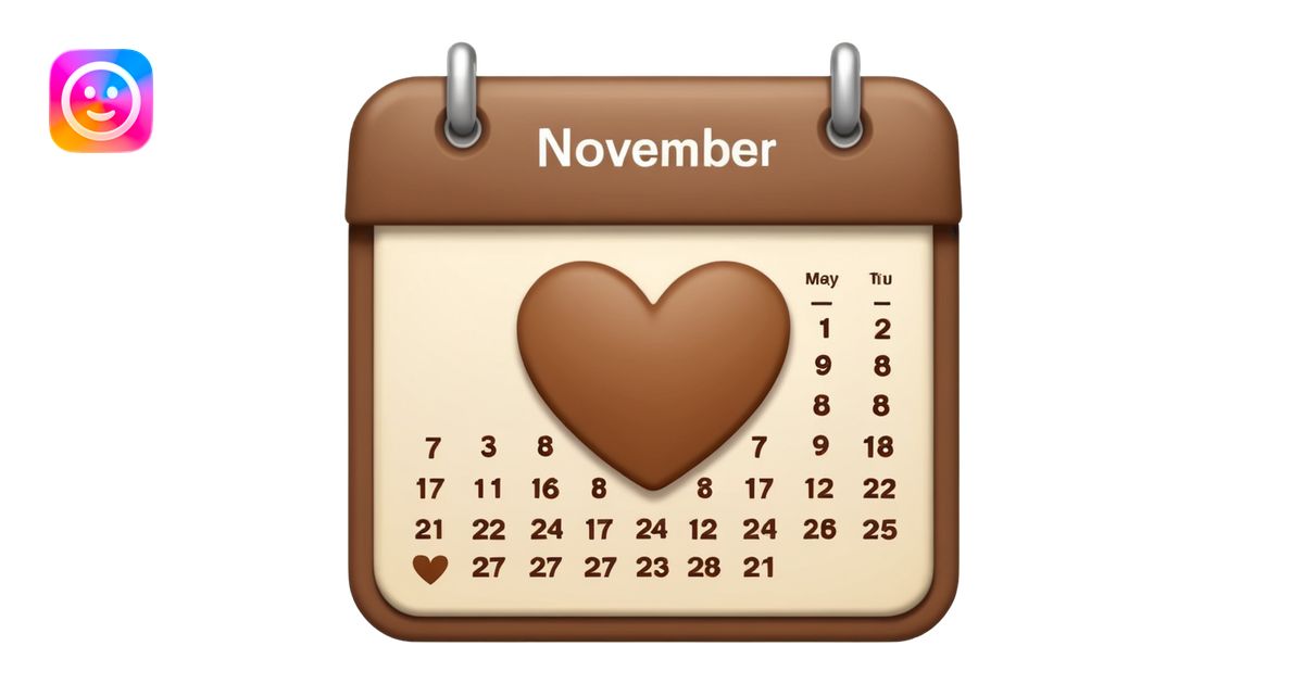 .make a November 1-30 2025 mini calendar with right brown hearts with ...