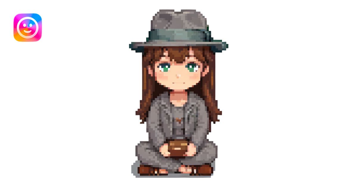 pixel art, girl with brown hair, grey fedora, sitting pose illustration ...