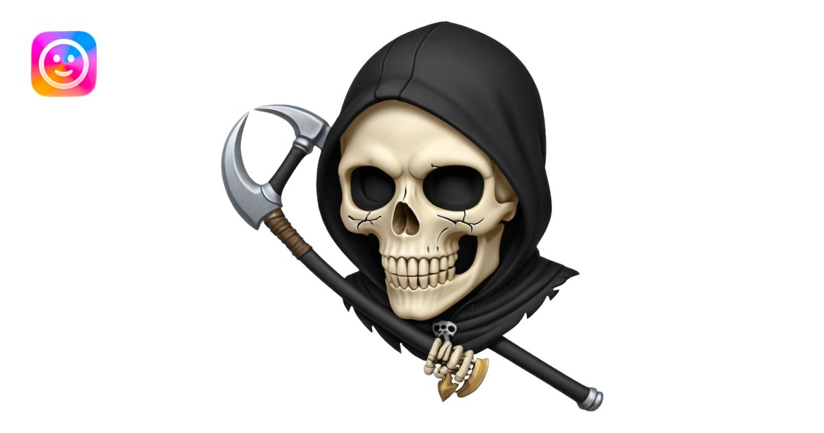 zoomed black hood skull scythe emoji | AI Emoji Generator