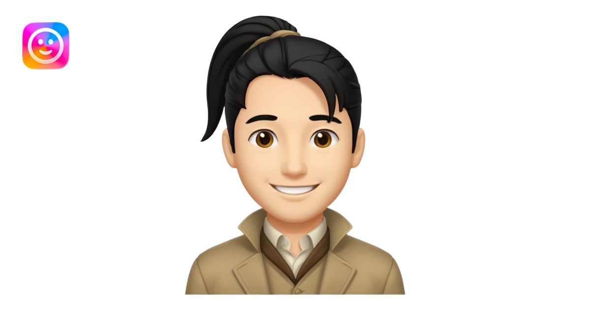 black long pony tail hair man with polite outfit smile warmly emoji ...