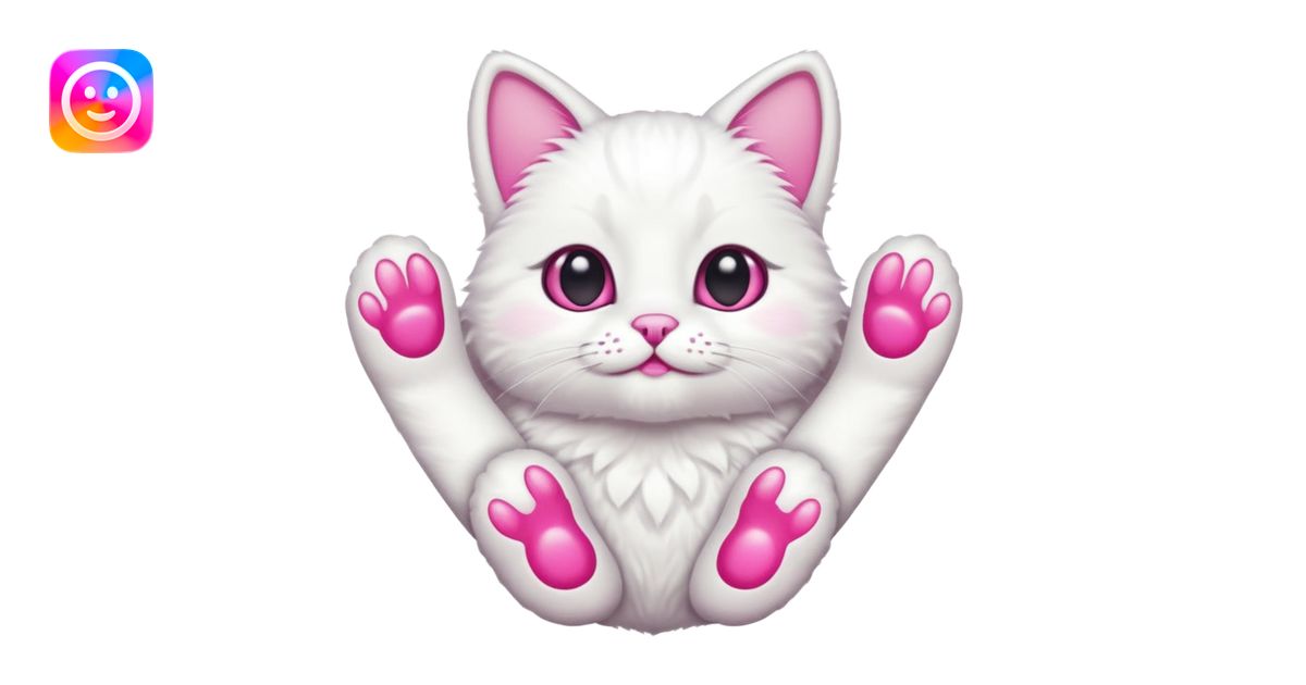 white cat fluffy paw, from the bottom, vivid pink toe beans, cute emoji ...