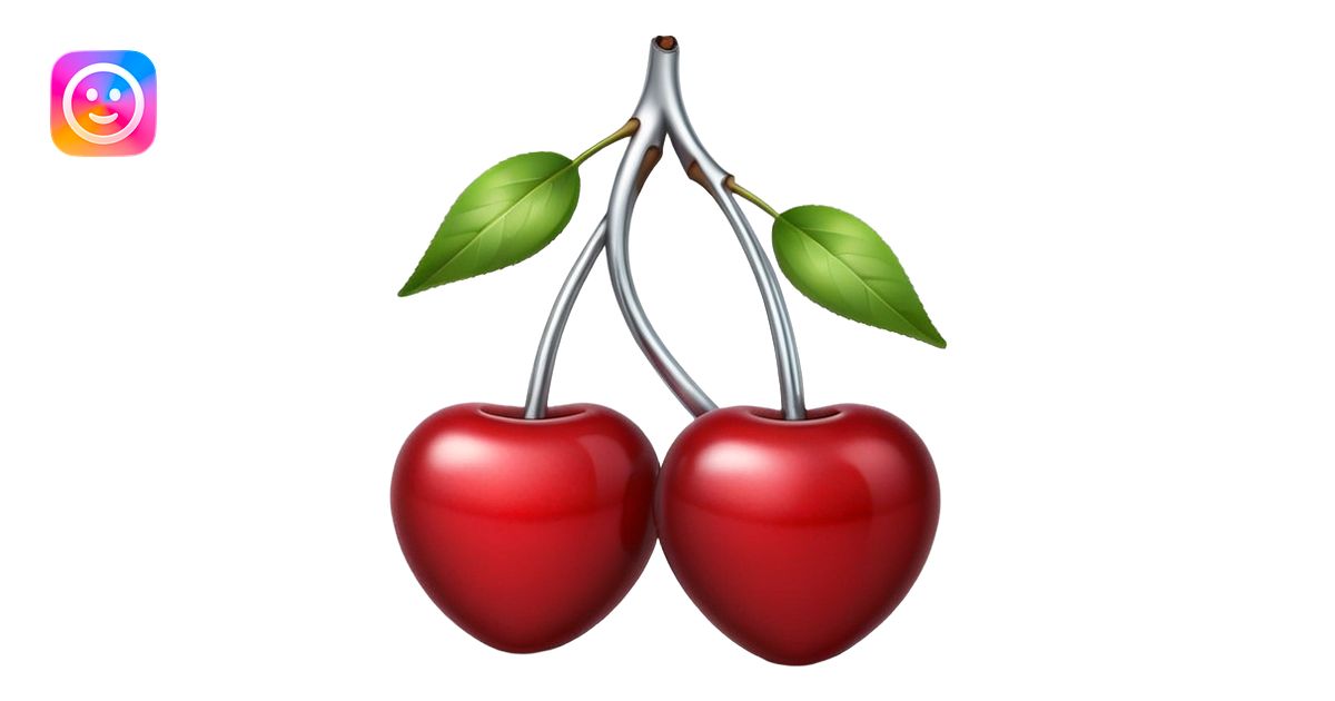 A pair of cherries emoji made of polished silver chrome, smooth rounded ...