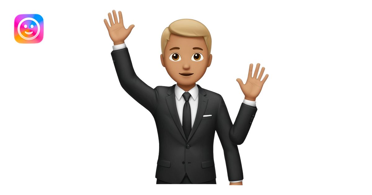 Hands up man meme put a suit on him with tie emoji | AI Emoji Generator