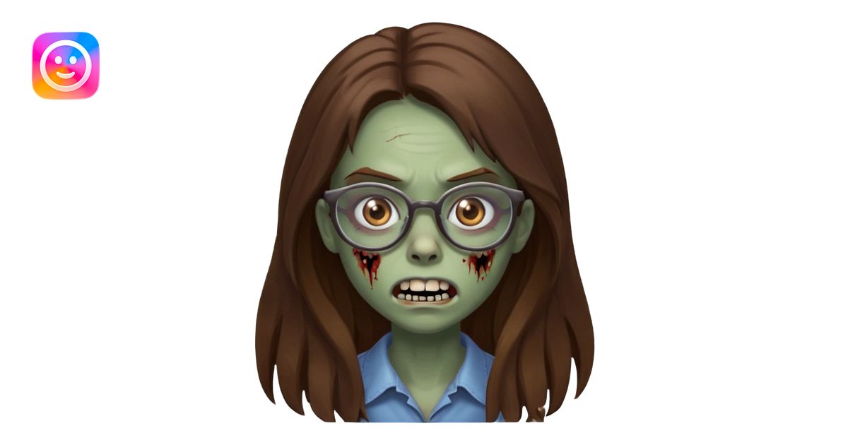 Girl zombie with brown long hair with teeth and serious face IOS style with glasses emoji | AI ...