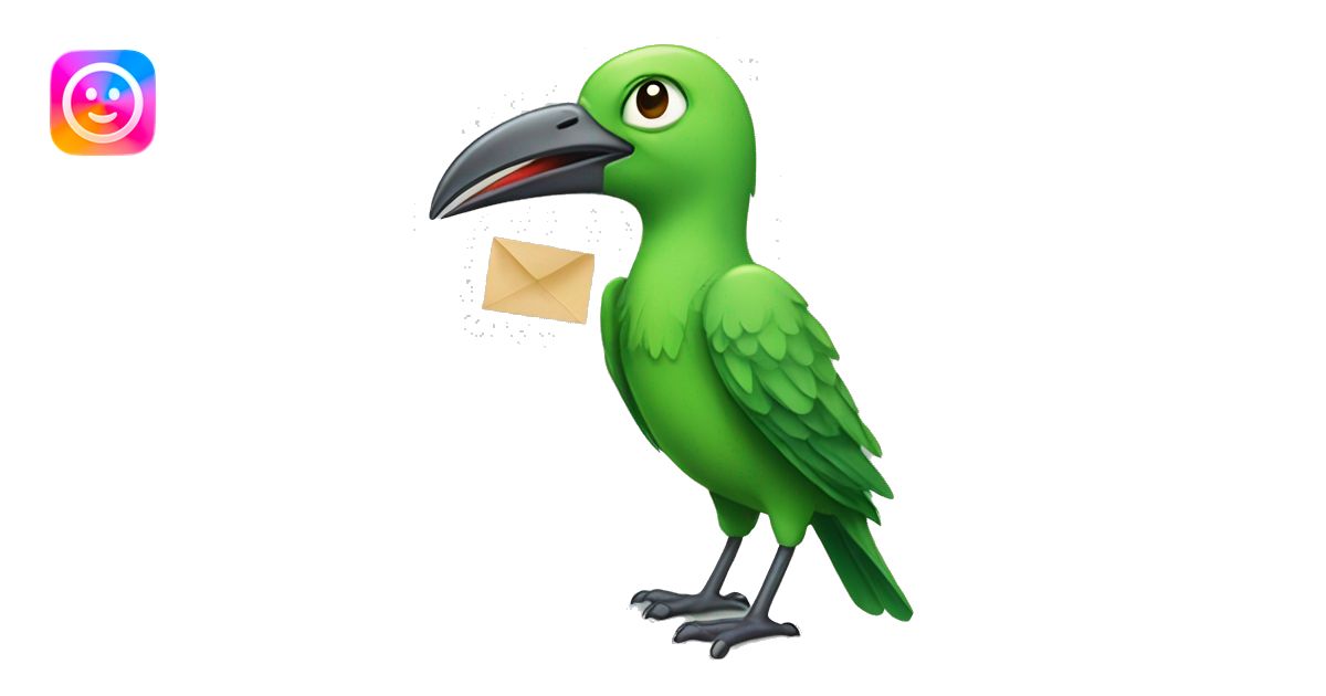 a green bird carrying the sticker with the words reached in its beak ...