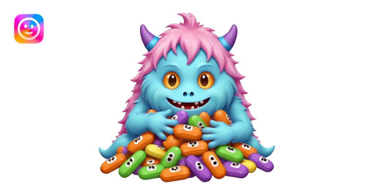 Candy Monster – a tiny pastel-colored monster hugging a pile of ...