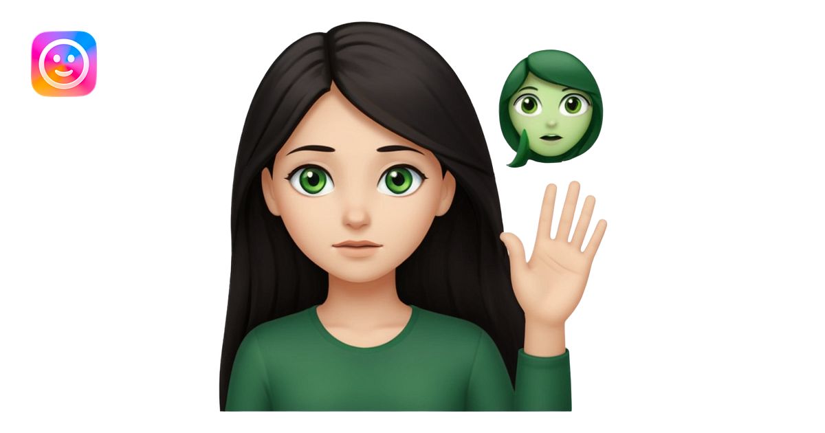 Animated girl dark long hair green eyes emoji holding right side of the ...
