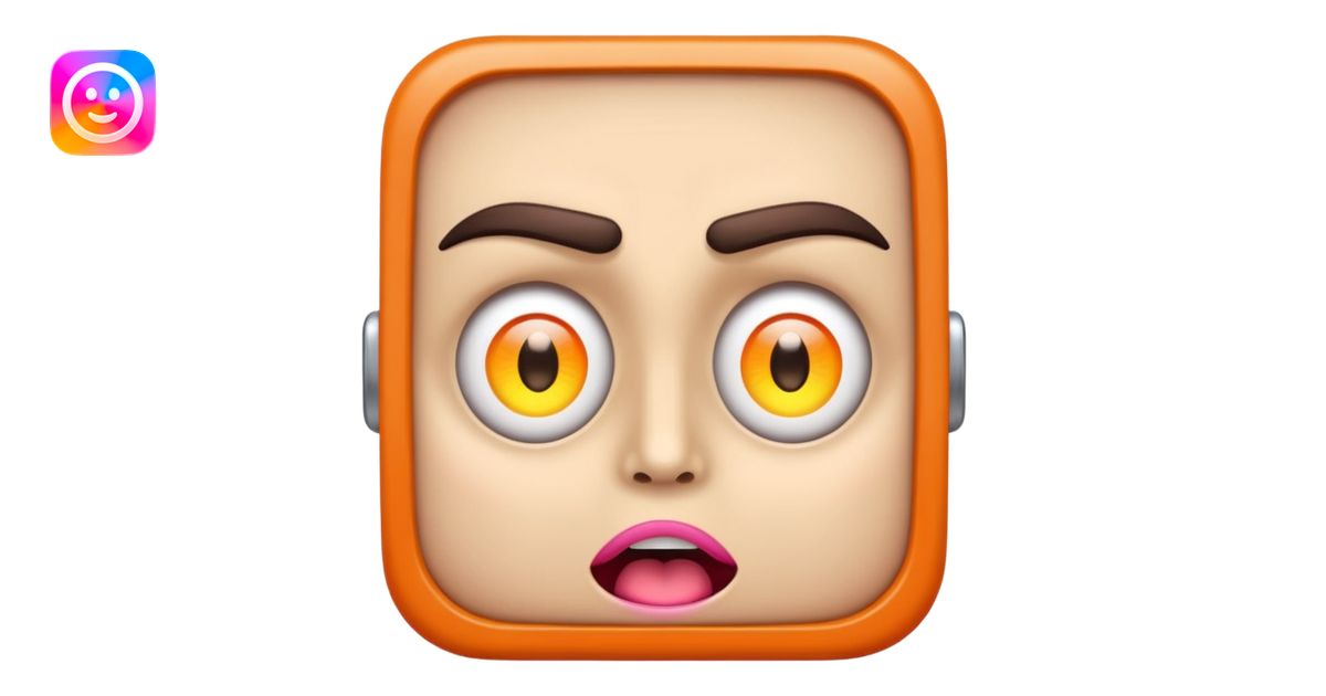 A wide-eyed face with glowing neon pupils and angular eyebrows, mouth ...
