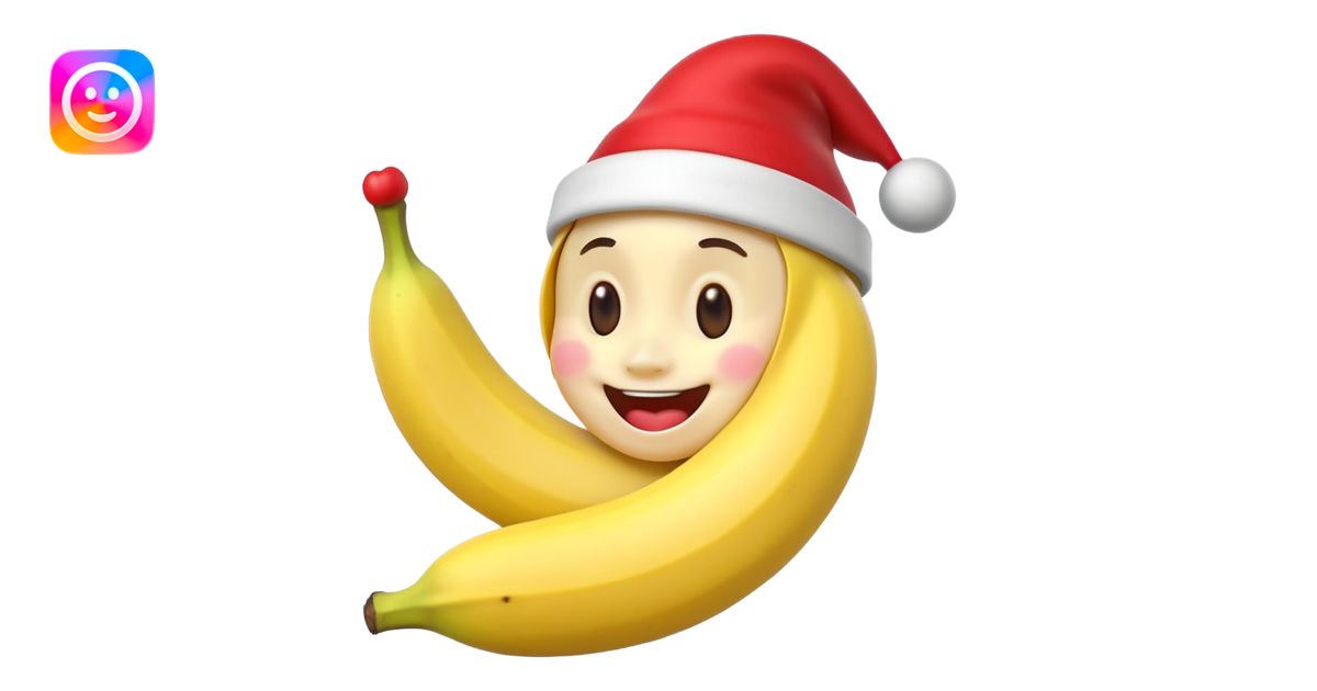 A 3D cartoon peeled banana with a red nose and tiny hat, smiling face ...