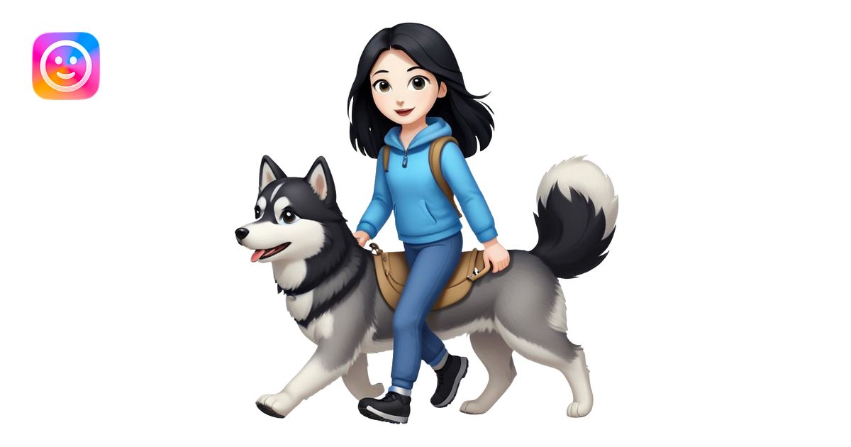 A girl with long black hair walks a husky emoji | AI Emoji Generator
