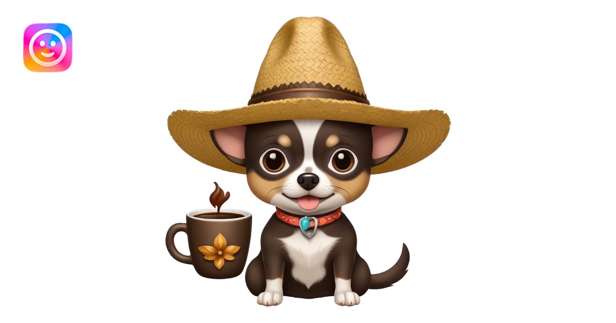 Chihuahua negro con cafe con sombrero de paja emoji | AI Emoji Generator