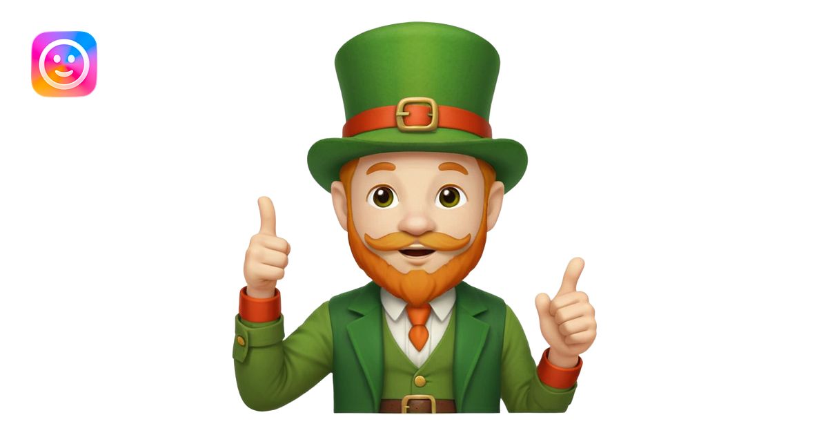 leprechaun looking up, and giving a thumbs up. on his left hand, he is ...
