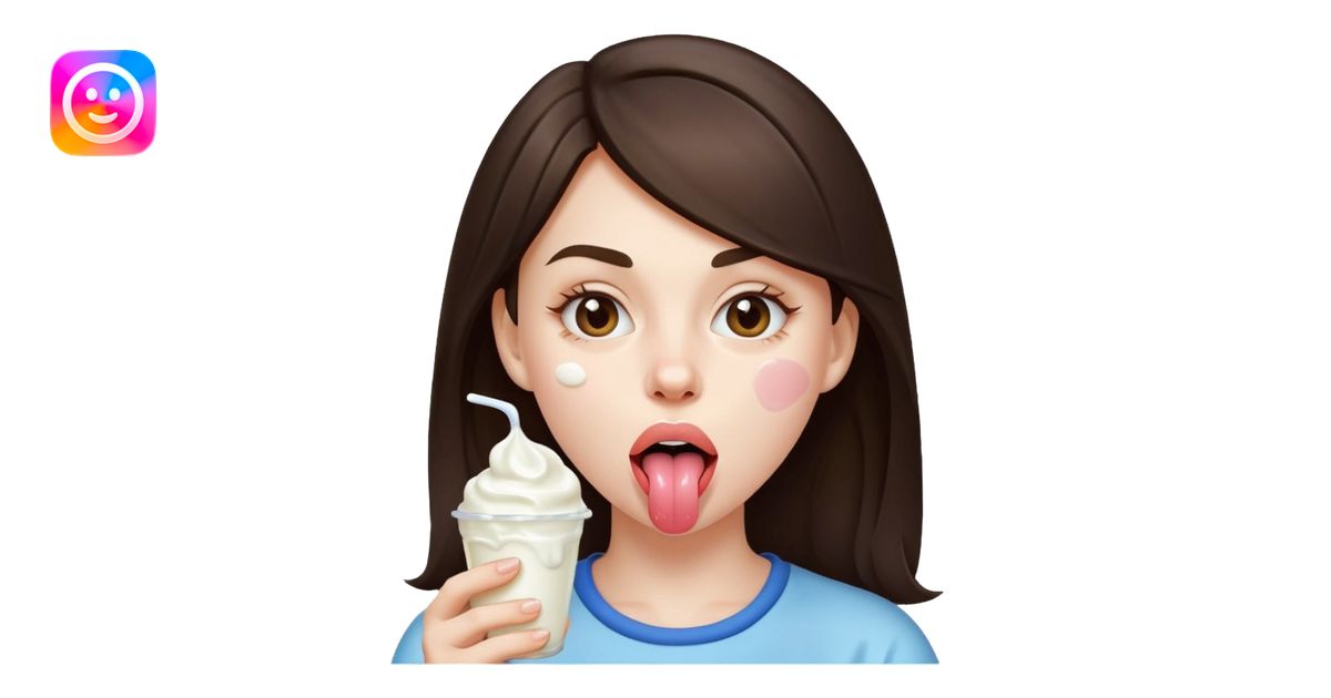 Brunette girl, tounge out, yogurt all over face and on tounge emoji ...