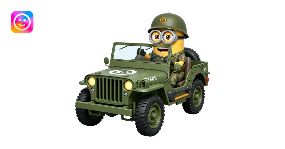 Minion in army uniform driving army jeep with Attack Titans text on ...