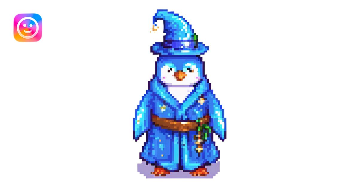 pixel art penguin wizard with blue robe and magic sparkles illustration ...