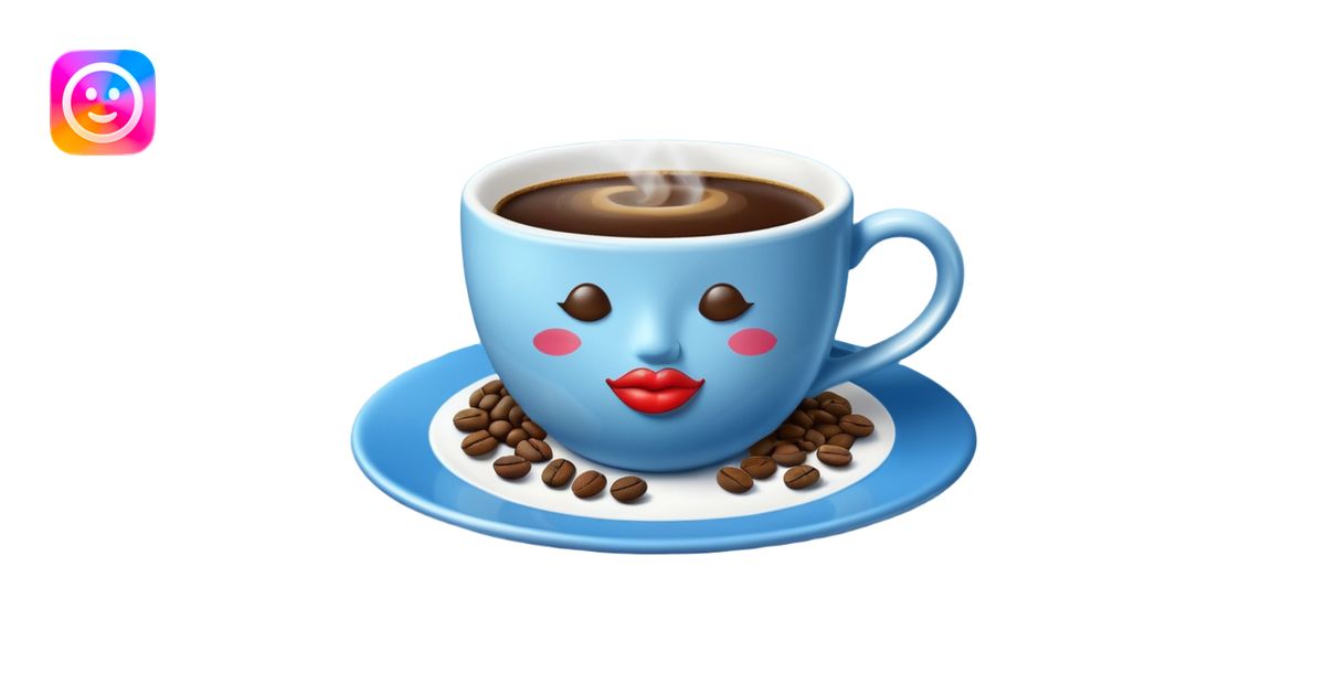 A steaming cup of coffee is visible. The blue cup has a kissing lips ...