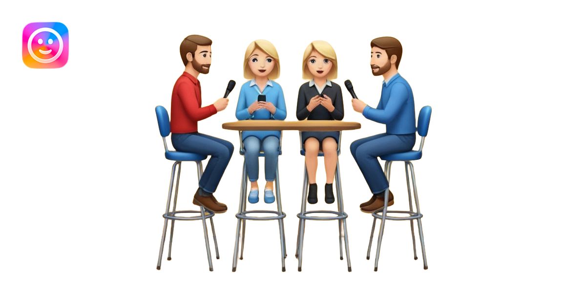 casual interview on stage, three people, facing each other, woman on ...