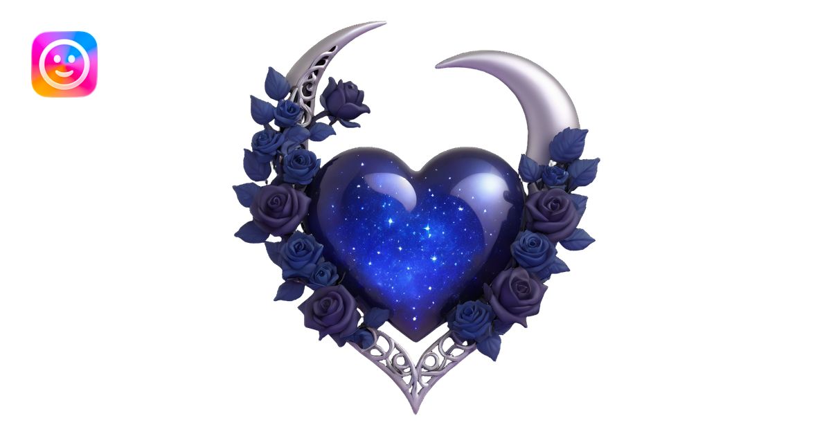 gothic heart in midnight blue glass with silver crescent moon, tiny ...