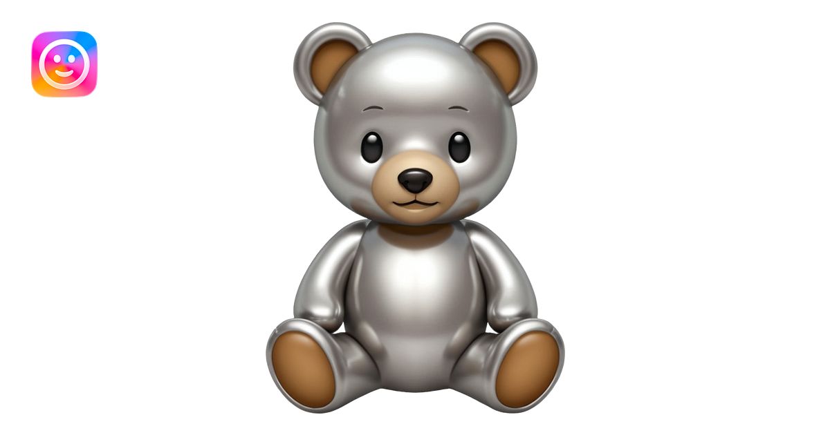 A cute teddy bear emoji made of liquid silver chrome, smooth rounded ...