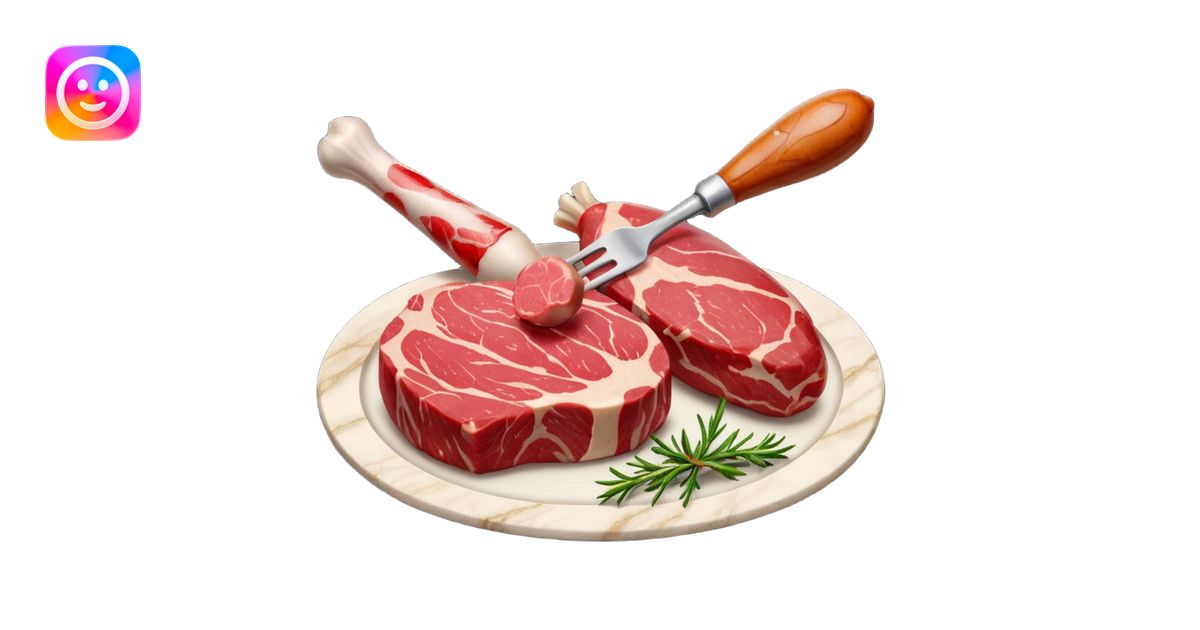 A raw red steak with visible marbling placed next to a small chicken ...