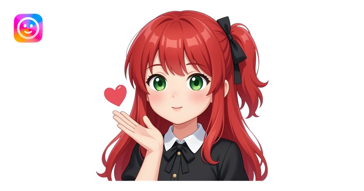 anime girl blowing smooch hand red hair green eyes black blouse with ...