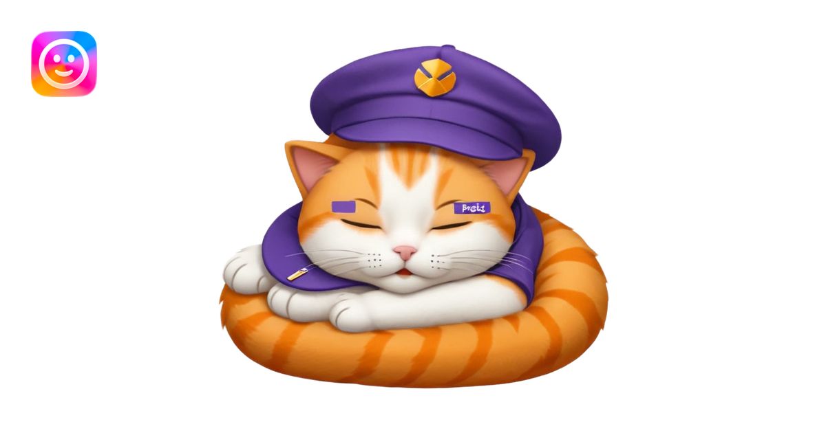 emoji of sleeping cat, its pose is lying, it has on his head FedEx ...