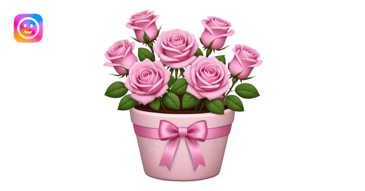 Flower pot with pink roses and ribbon emoji | AI Emoji Generator