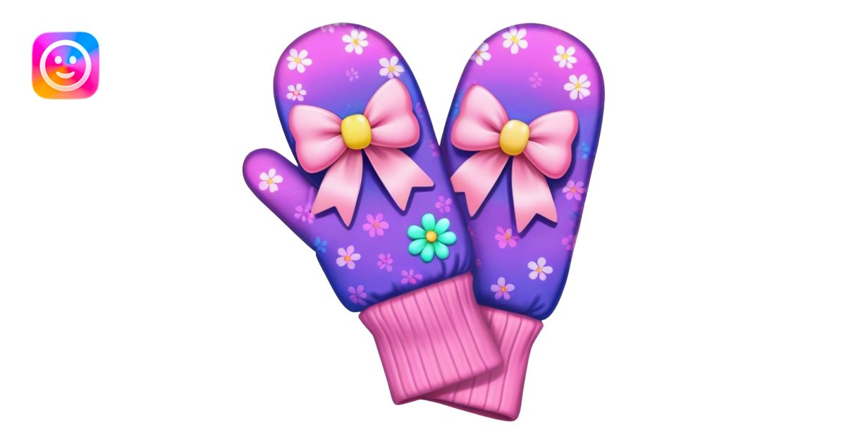 Psychedelic colored mittens with a flower and pale pink bow emoji | AI ...