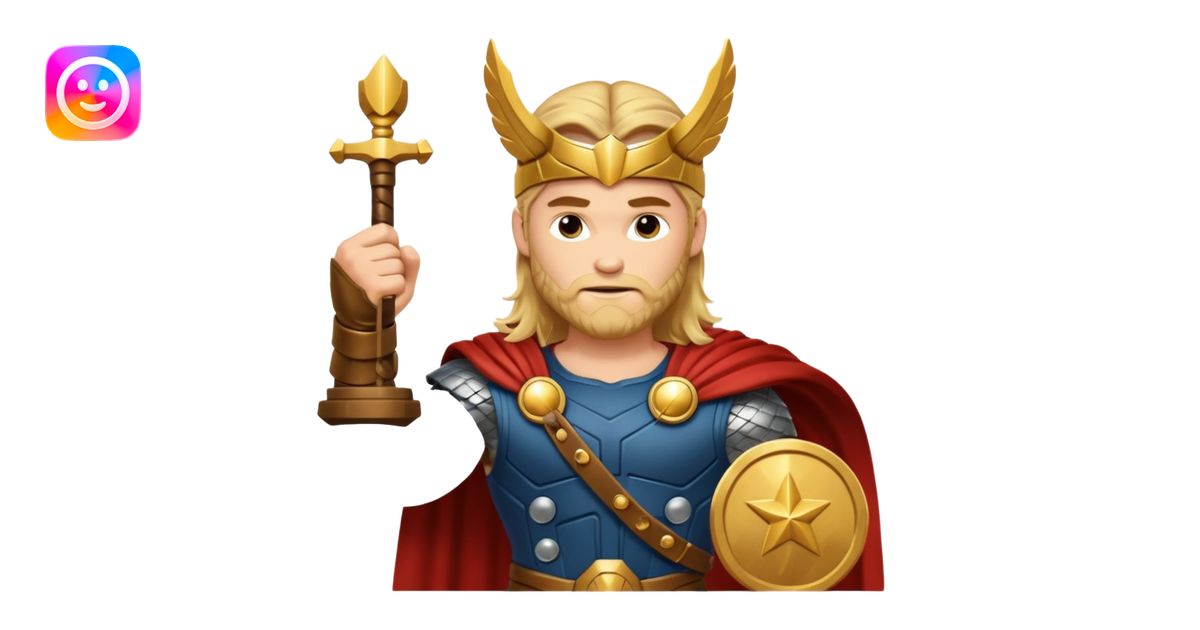 The hero Thor proudly holds the balance of justice in his raised hand ...