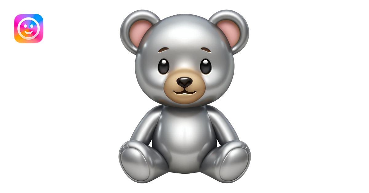 A cute teddy bear emoji made of liquid silver chrome, smooth rounded ...