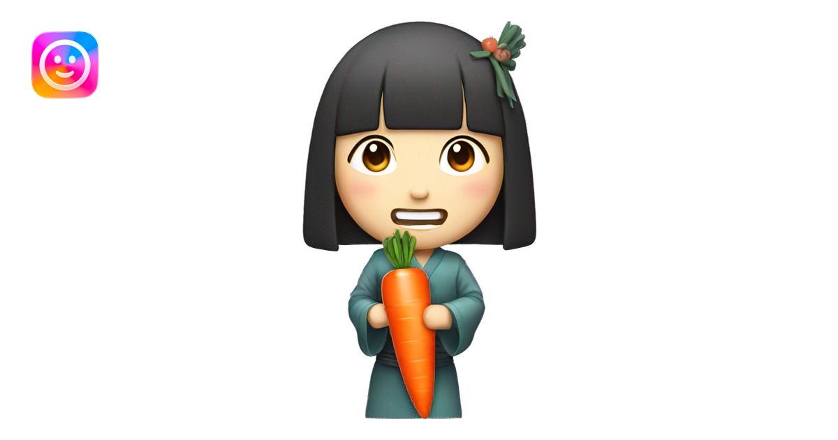 Japanese girl with dagger teeth holding a carrot emoji | AI Emoji Generator