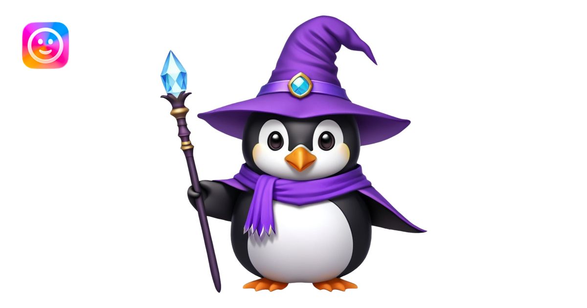 Penguin wearing a purple wizard hat and holding a magic wand emoji | AI ...