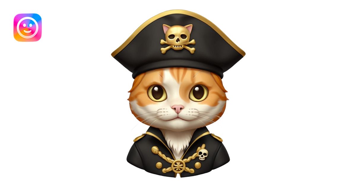 Premium 3D emoji icon of a cute ginger cat pirate, wearing a **pristine ...