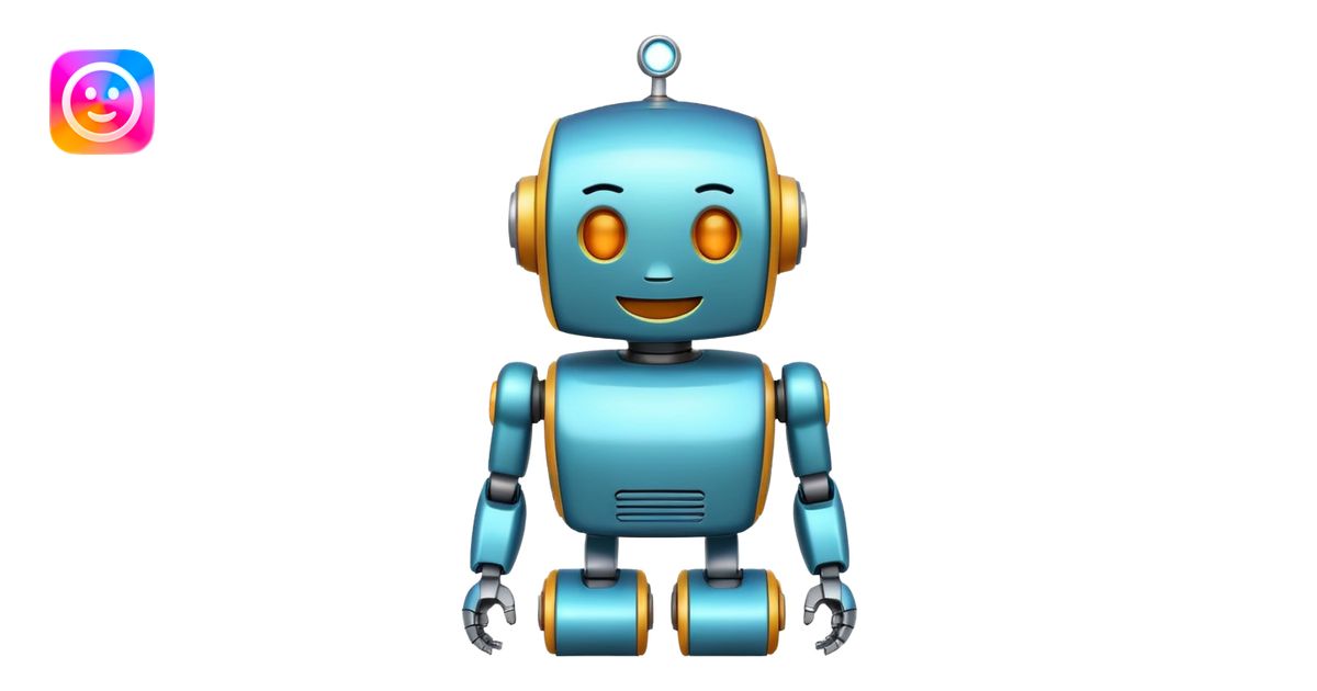 A friendly robot in the style of Apple emojis, with a clean and simple ...
