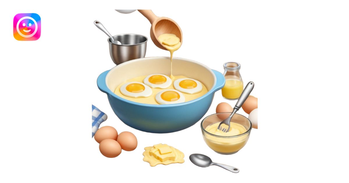 baking preperation with mixing bowl with uncracked eggs and butter ...