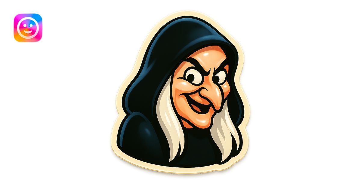 mischievous witch emoji with pale skin, long white hair, black hood ...