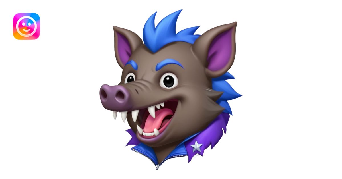 Sticker,A wild boar laughing loudly with a dark blue mohawk with purple ...