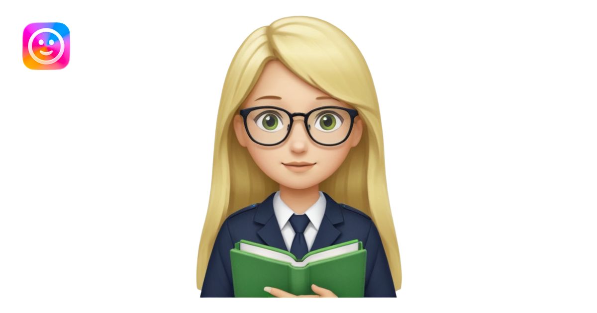 Girl student wearing uniform, glasses, hold green book in front of ...