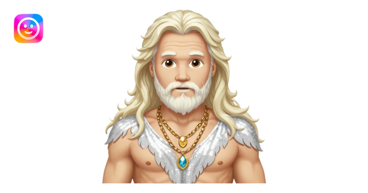 Odin from Norse Gods with long white wavy hair and beard, white sequin ...