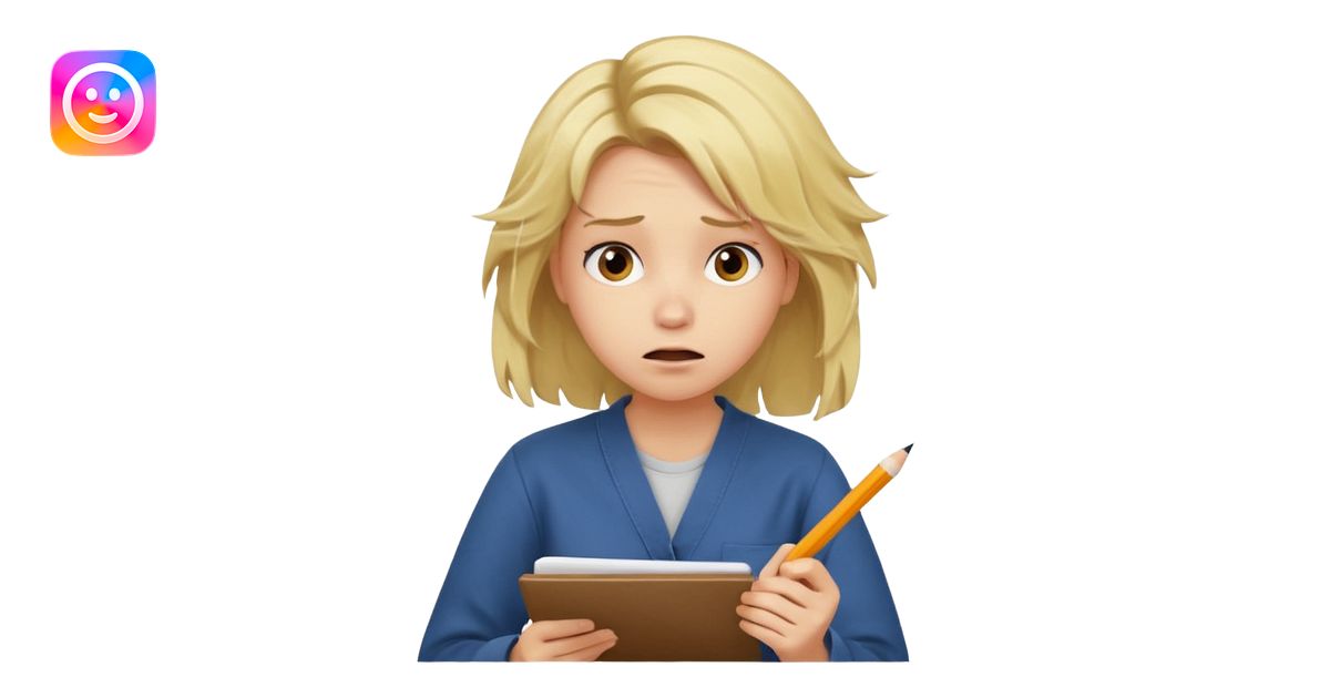 young blonde disheveled hair woman is writing an exam in panic emoji ...