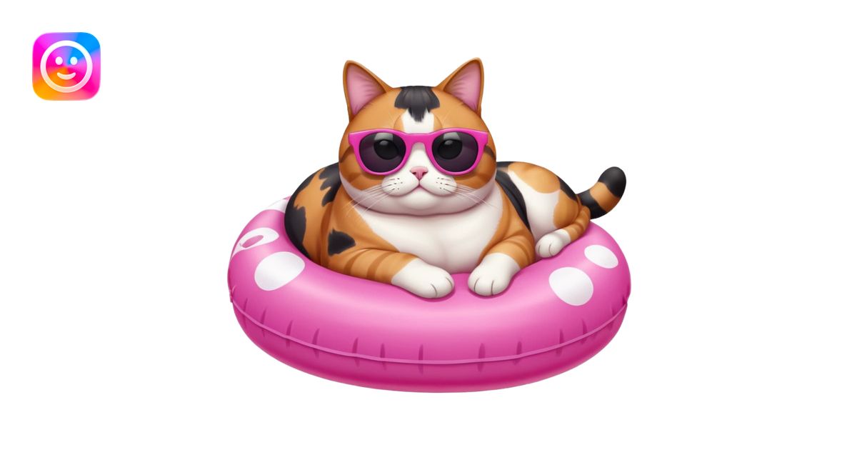Fat calico cat with dark sunglasses lying on a pink pool floatie emoji ...
