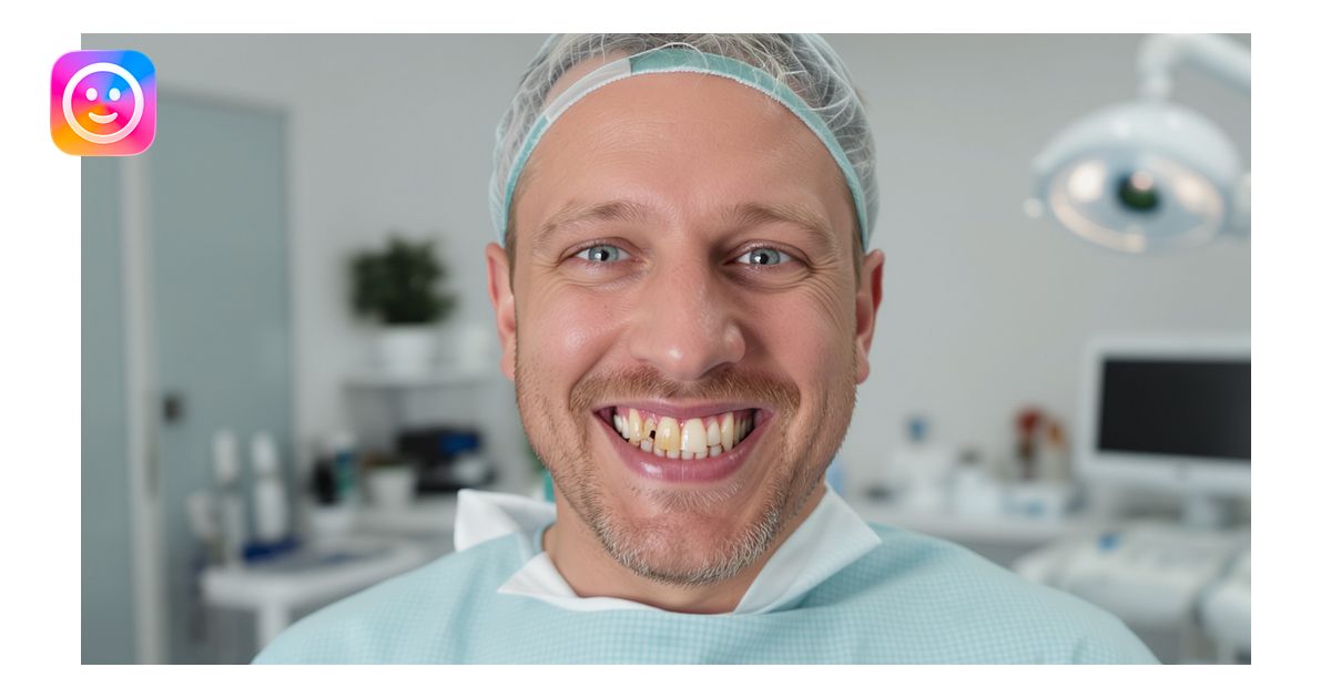 dentist smiling to camera with ugly teeth (bad and yellow teeth ...