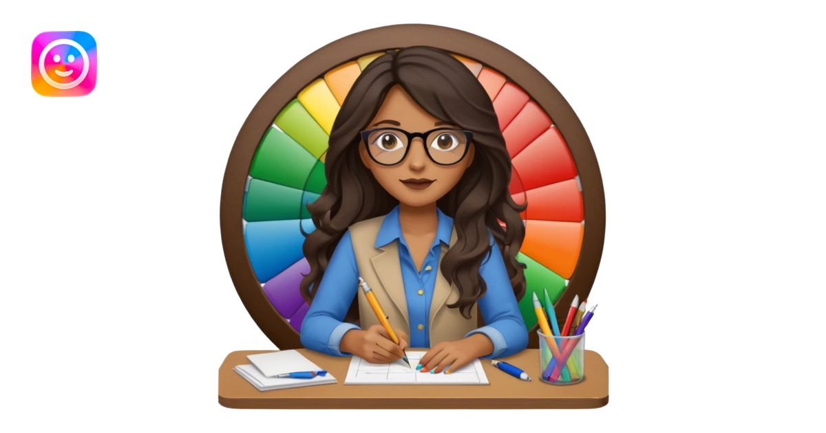 female dark wavy long hair graphic designer , color wheel, pens, papers ...